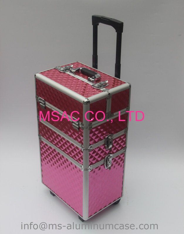 Three Layers Aluminum Makeup Trolley Case With Pink Color